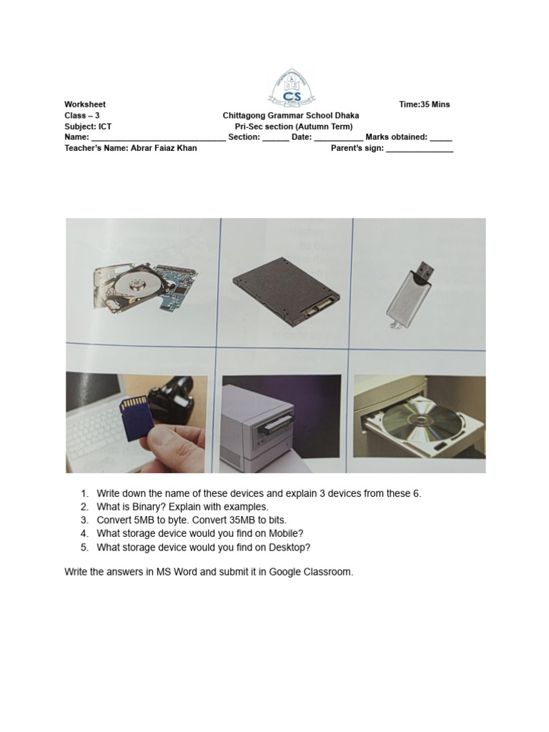 ICT Worksheet for Class 3 Students | PDF