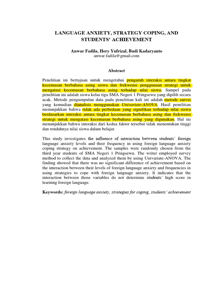 Language Anxiety, Strategy Coping, and Students' Achievement | PDF | Analysis Of Variance ...