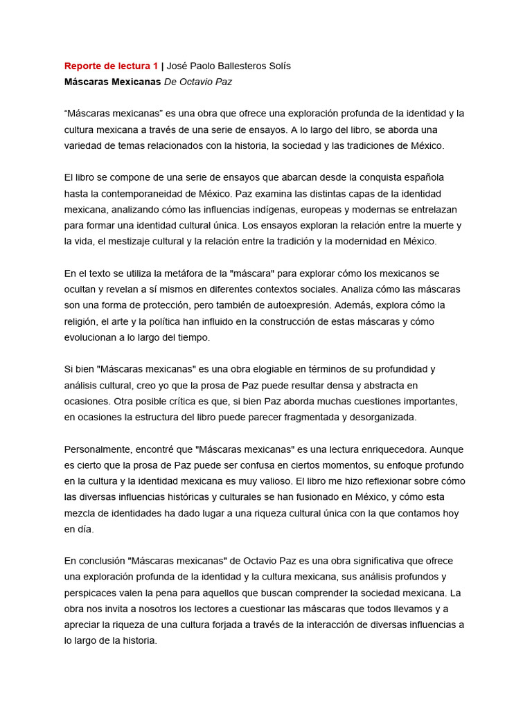 Primer Lectura - Máscaras Mexicanas | PDF
