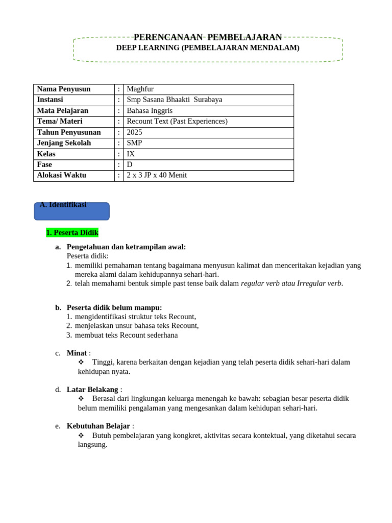 Modul Ajar Deep Learning Bahasa Inggris Kelas - 9 - P12 2025 | PDF