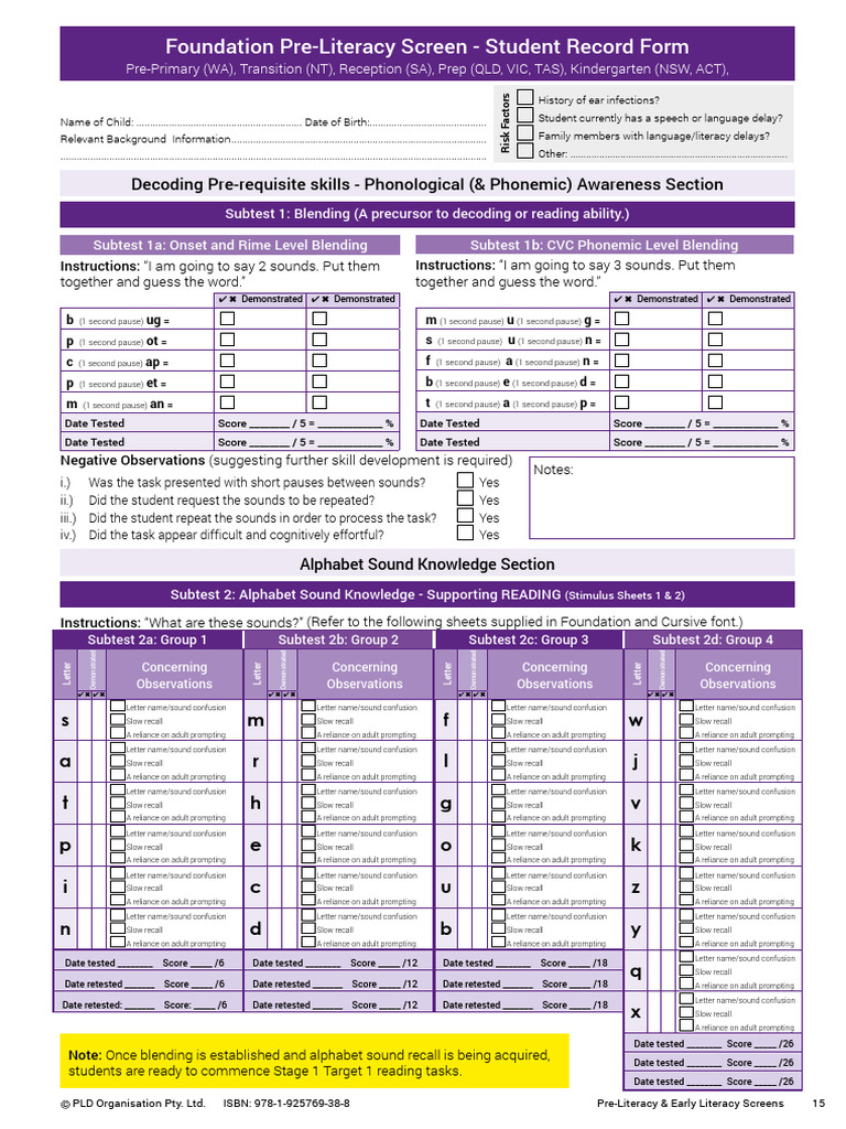 Foundation Pre-Literacy Screen - Student Record Form | PDF ...