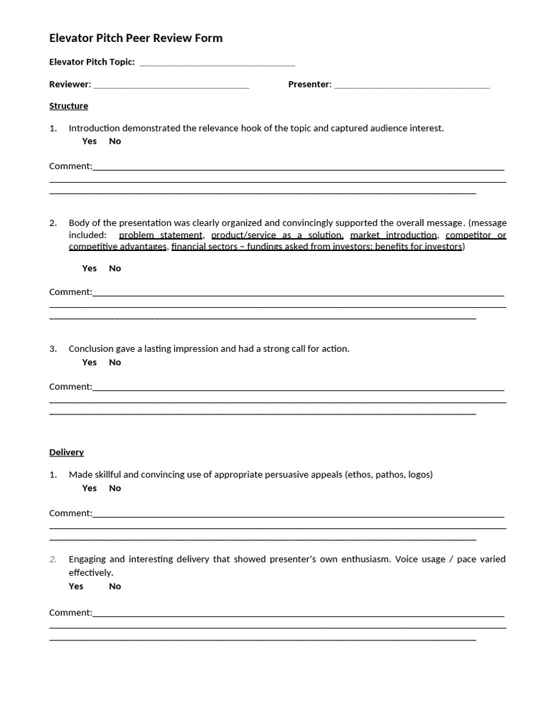 Elevator Pitch Peer Review | PDF | Human Communication | Communication