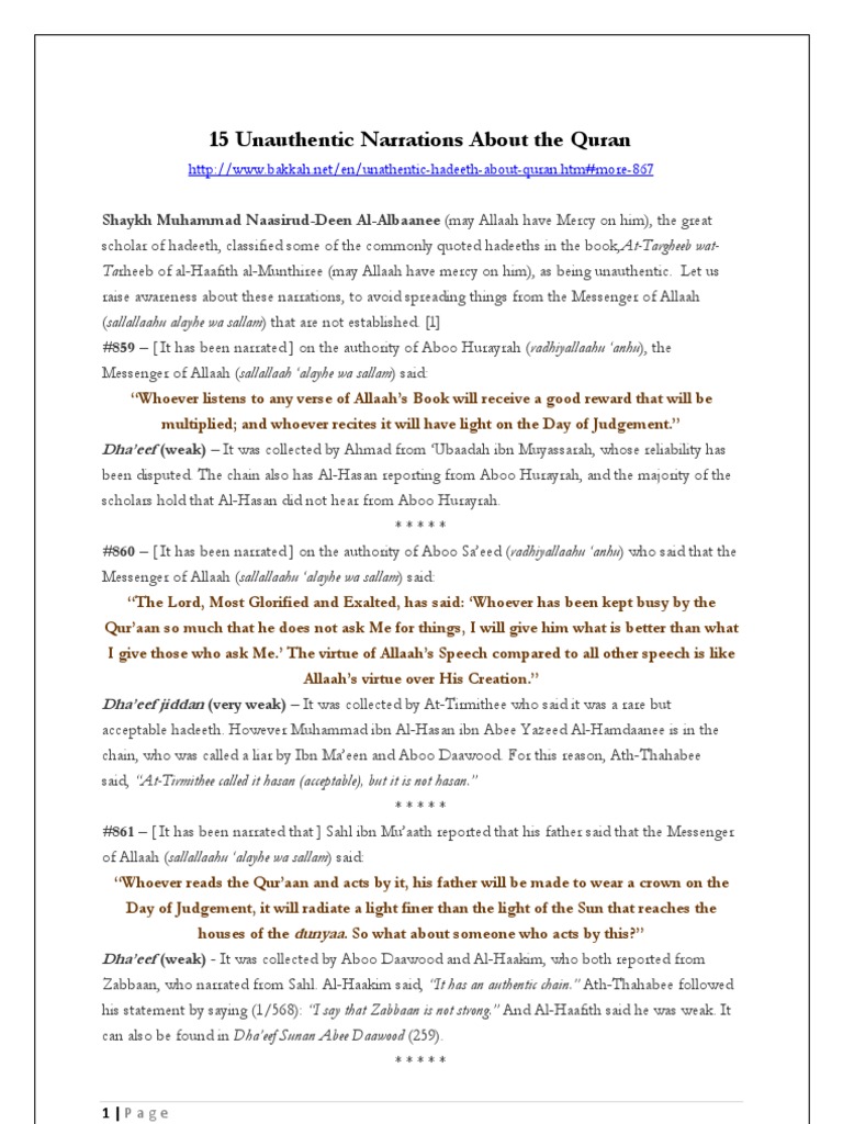 15 Unauthentic Narrations About The Quran - Shaykh Muhammad Naasirud-Deen Al-Albaanee (May ...