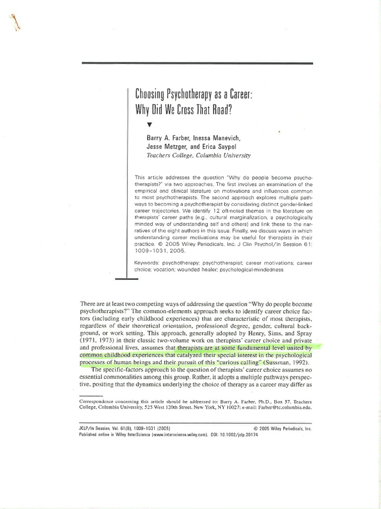 Article-Choosing Psychotherapy As A Career - JCLP 2005 | PDF