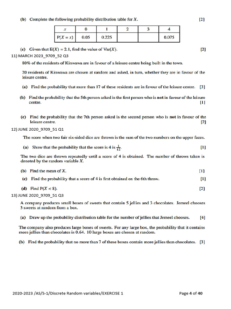 s1 Discrete Random Variable - Ex 1 With Ms | PDF