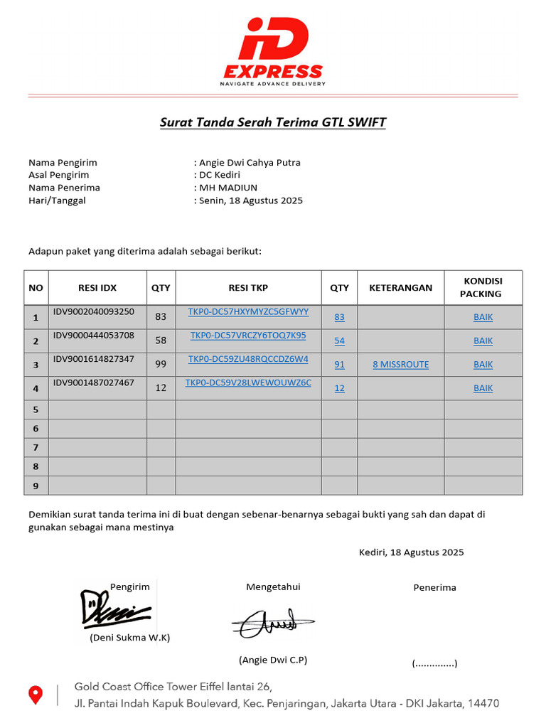 Surat Terima Paket GTL 18 Agustus 2025 | PDF