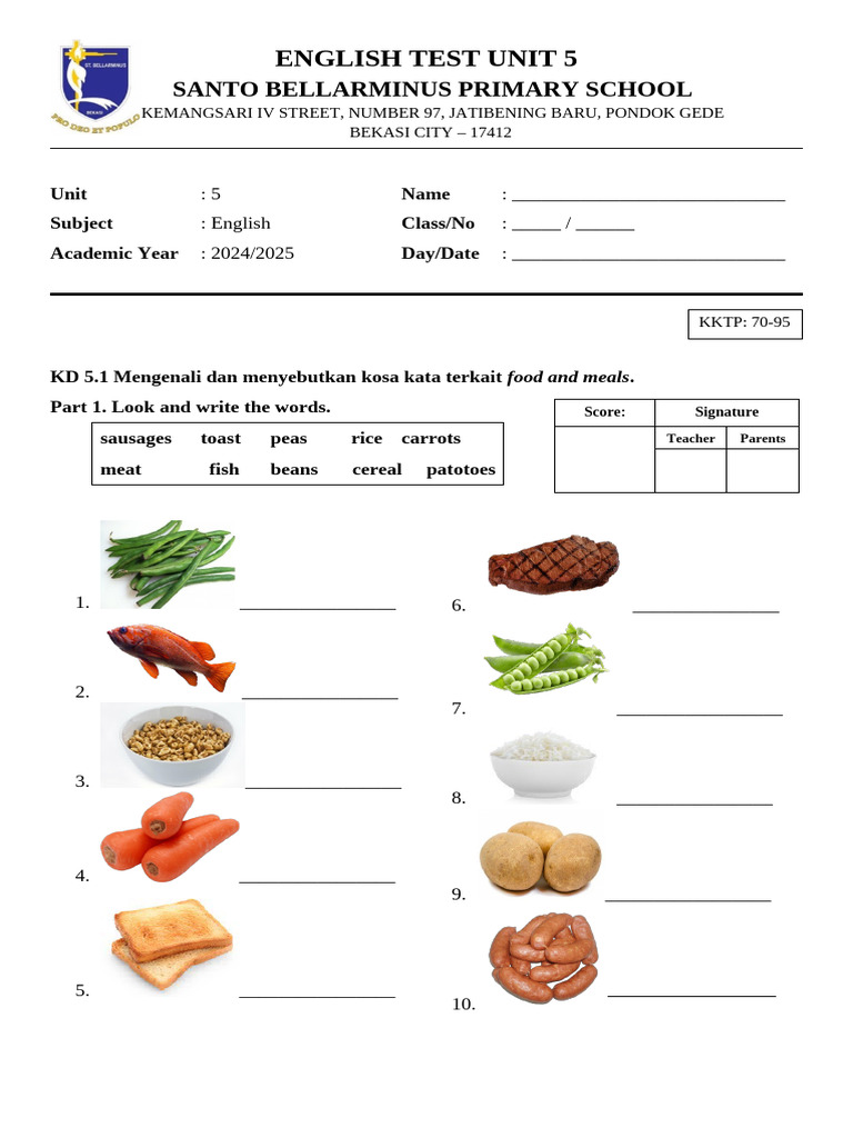 English Test Unit 5: Food Vocabulary | PDF | Chess Openings | Foods
