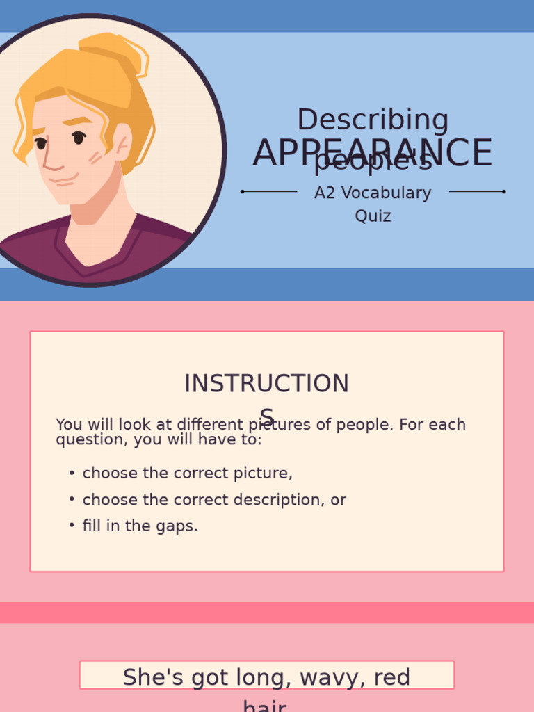 A2 Vocabulary Quiz: Describing Appearance | PDF