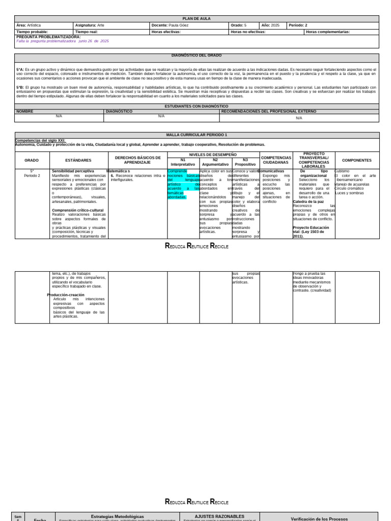 Plan de Aula Arte 5° - P2 | PDF | Aprendizaje | Cognición