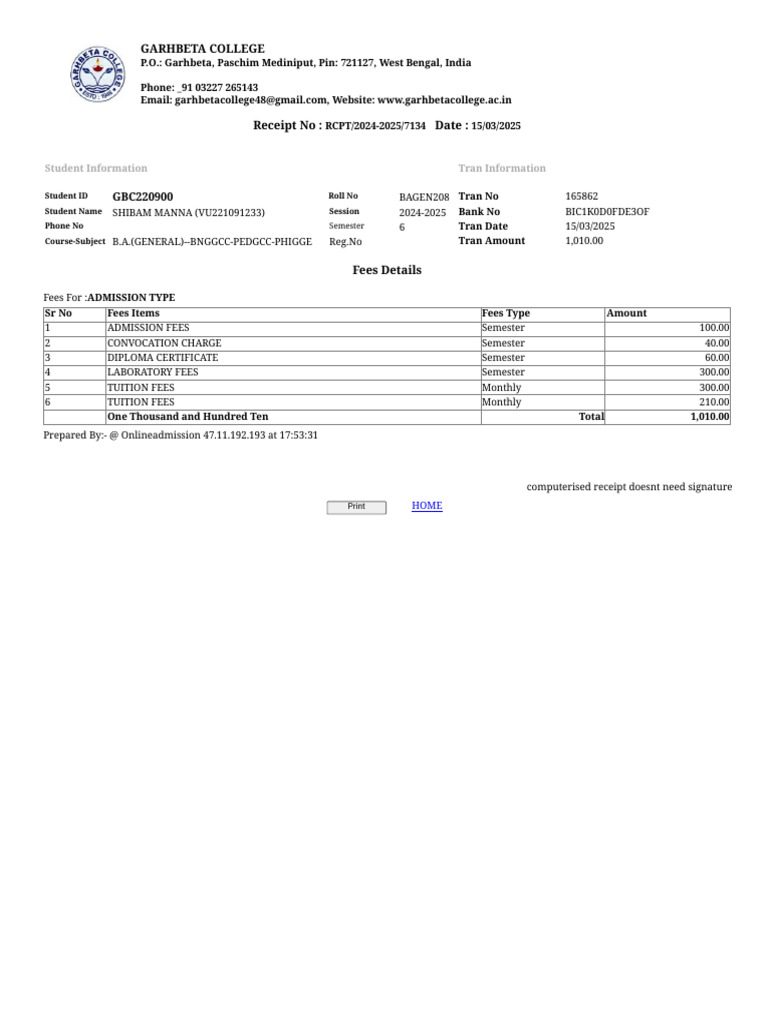 Garhbeta-College - in Studentportal SP Printreceipt - Aspx | PDF