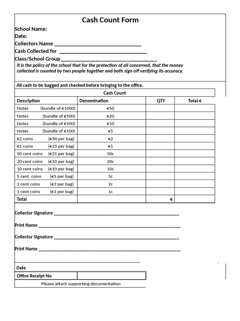 Cash Count Form Template Word Version | PDF