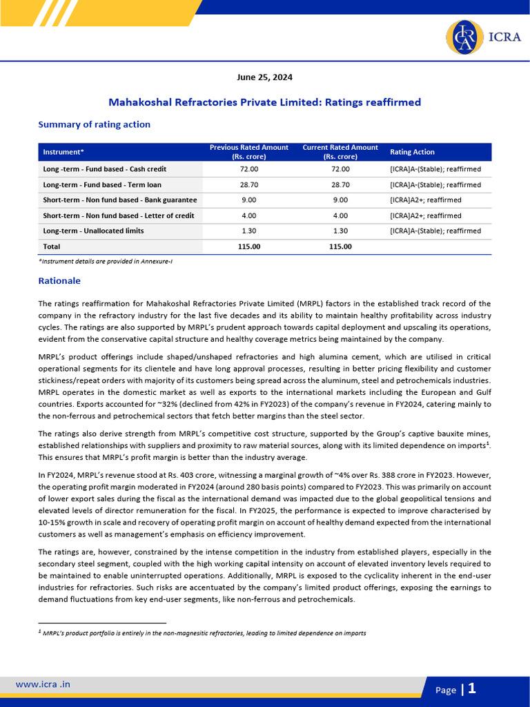 Mahakoshal Refractories Ratings Reaffirmed | PDF | Working Capital | Debt