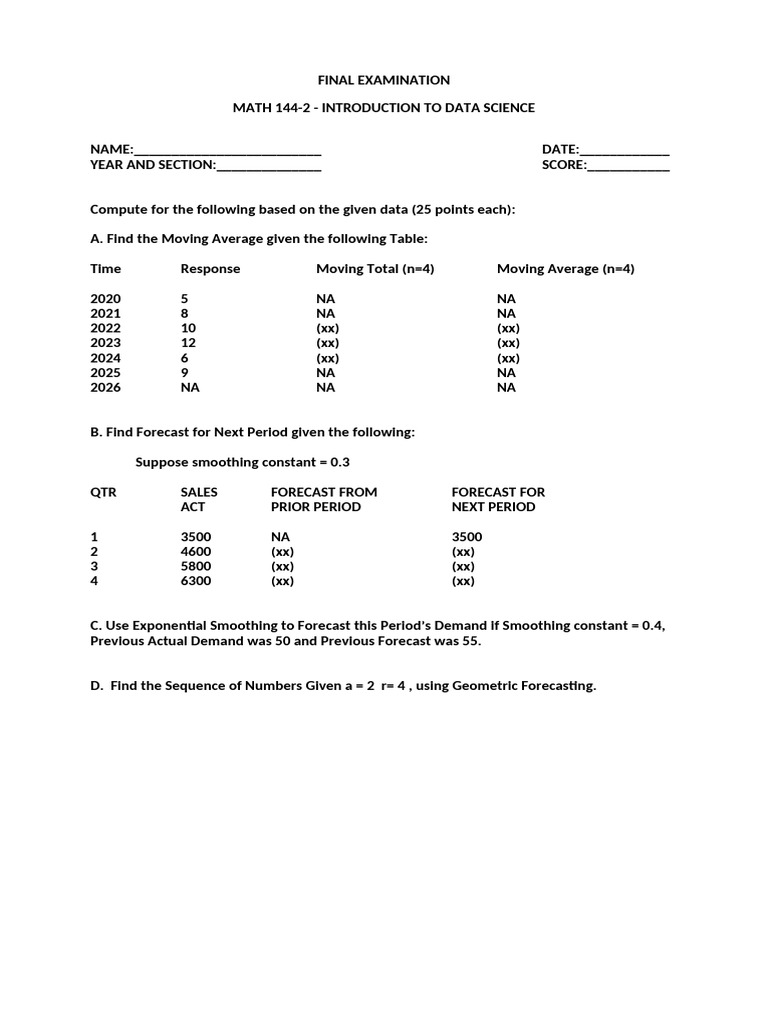 Math 144-2 Data Science Final Exam | PDF