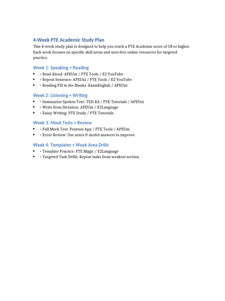4-Week PTE Academic Study Guide | PDF