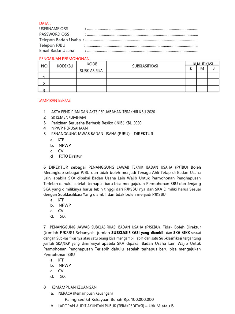 Kebutuhan Data & Berkas Pengajuan Utk Sbu | PDF