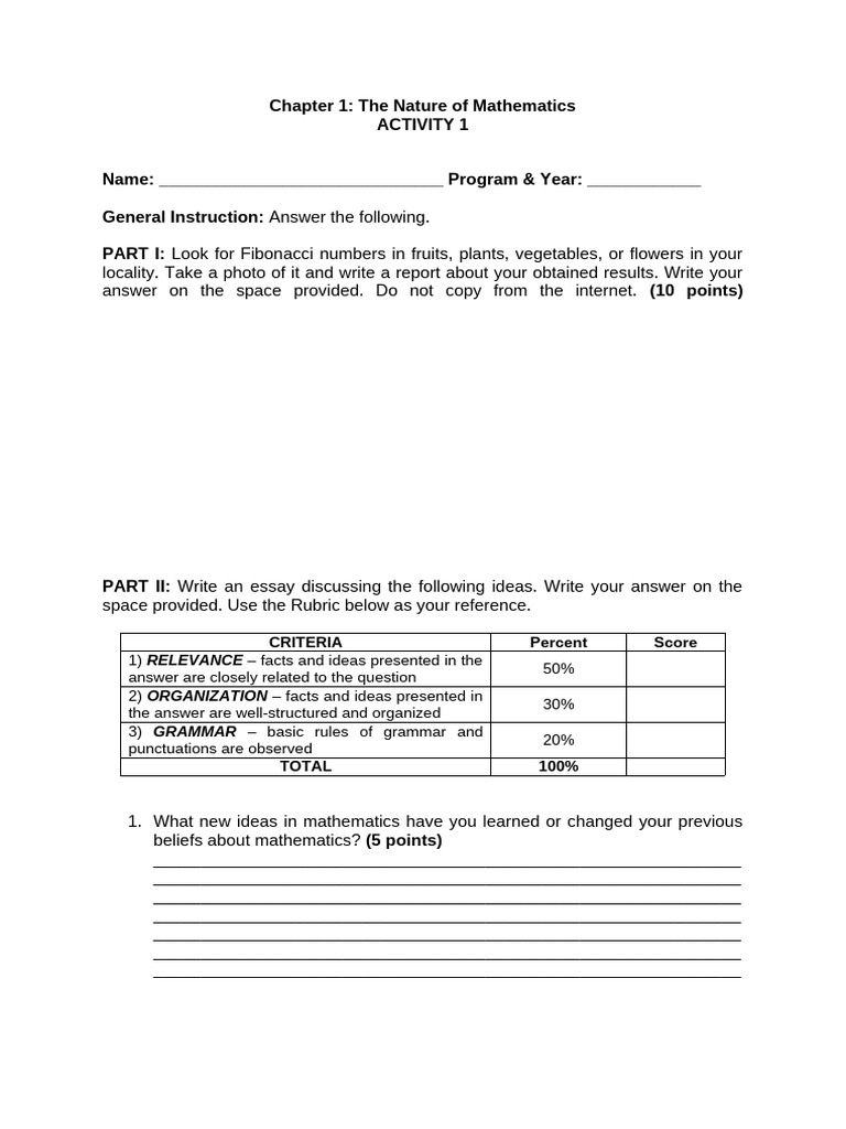 Chapter 1: The Nature of Mathematics Activity 1: Relevance Organization ...