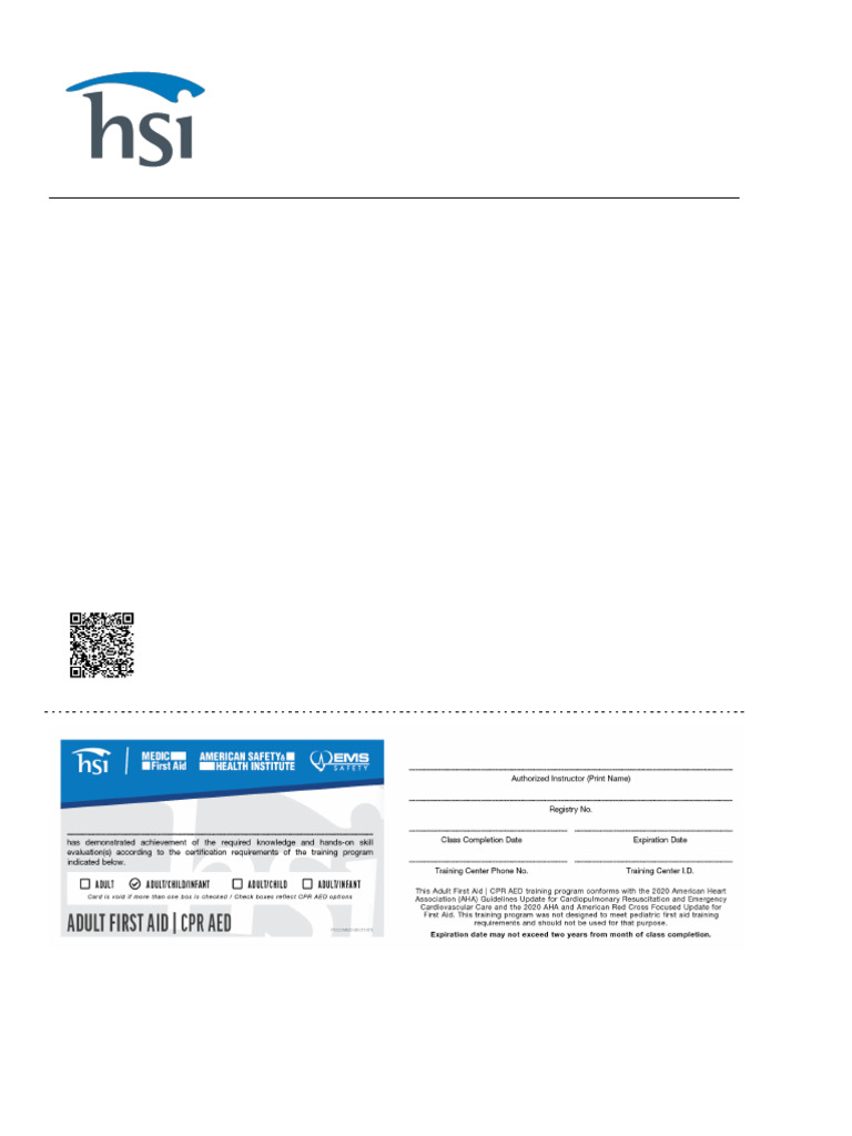 HSI Adult First Aid Certification Issued | PDF