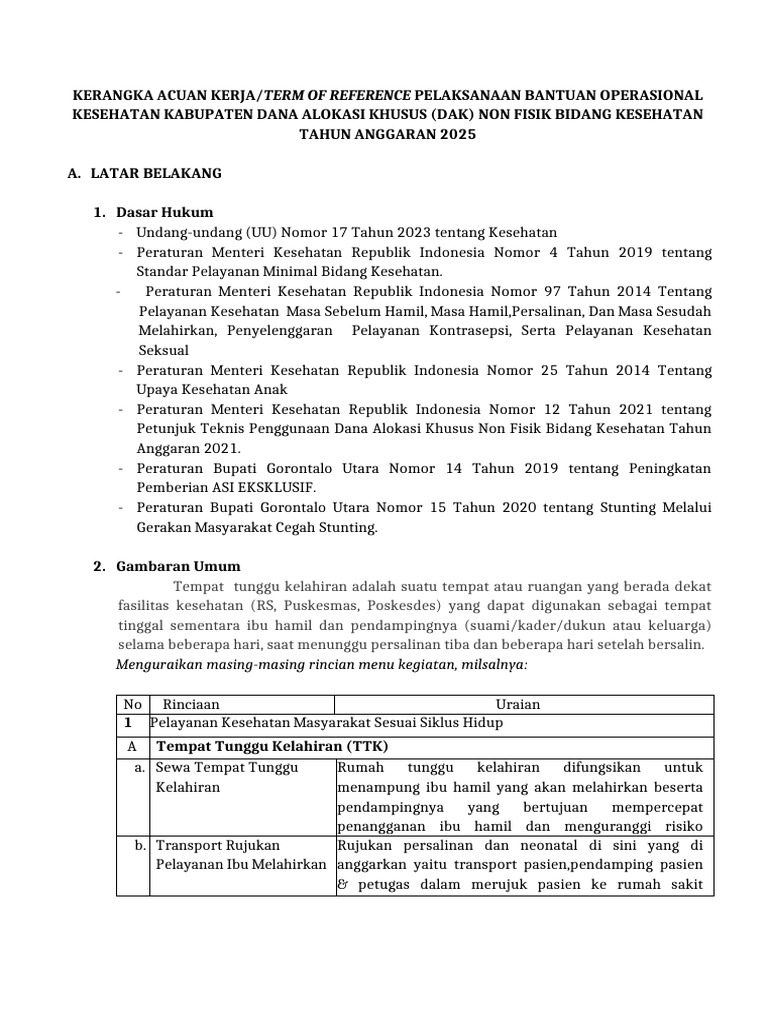 Kerangka Acuan Kerja TTK | PDF