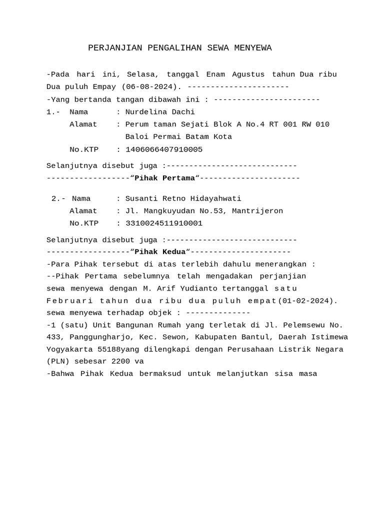 Perjanjian Pengalihan Sewa Menyewa | PDF