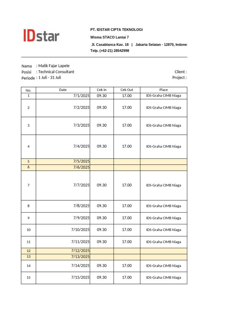 Timesheet Juli - Malik Fajar Lapele | PDF | Banks | Financial Services