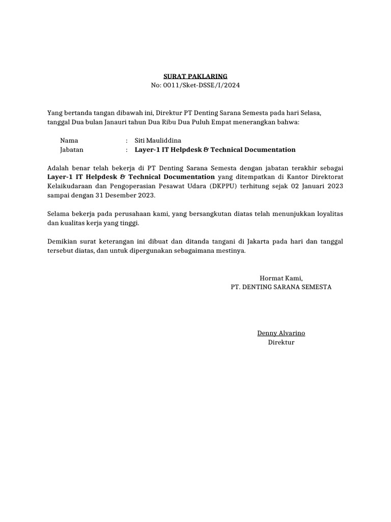 Surat Paklaring Karyawan PT Denting | PDF