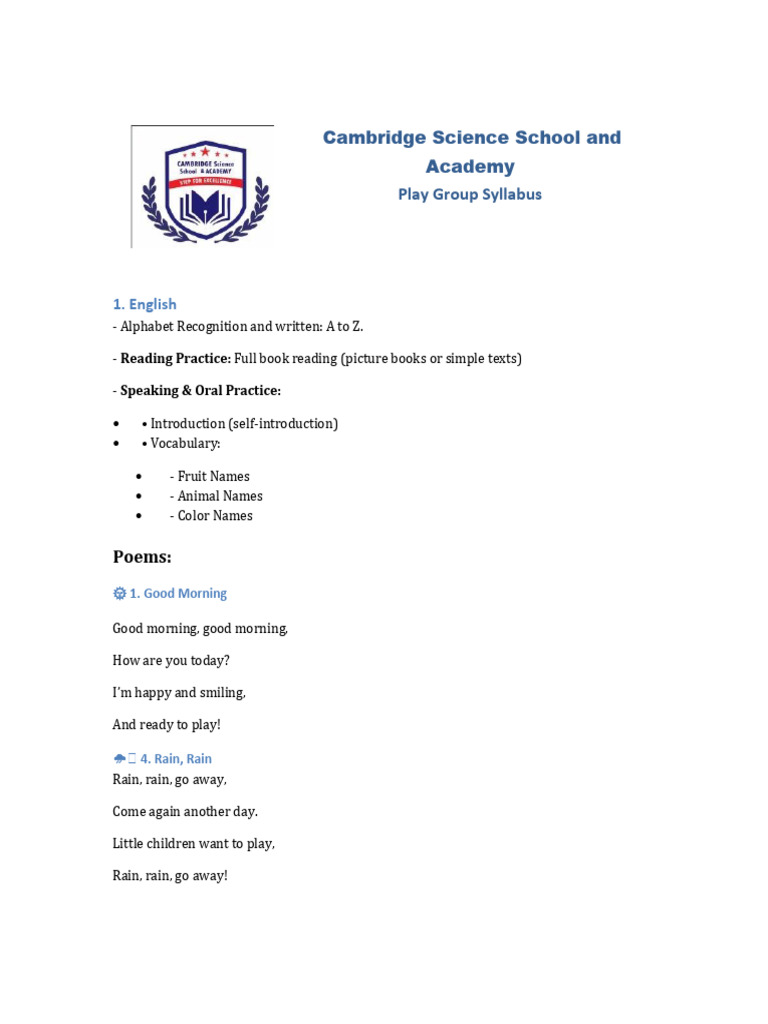 Cambridge Play Group Syllabus 2025 | PDF