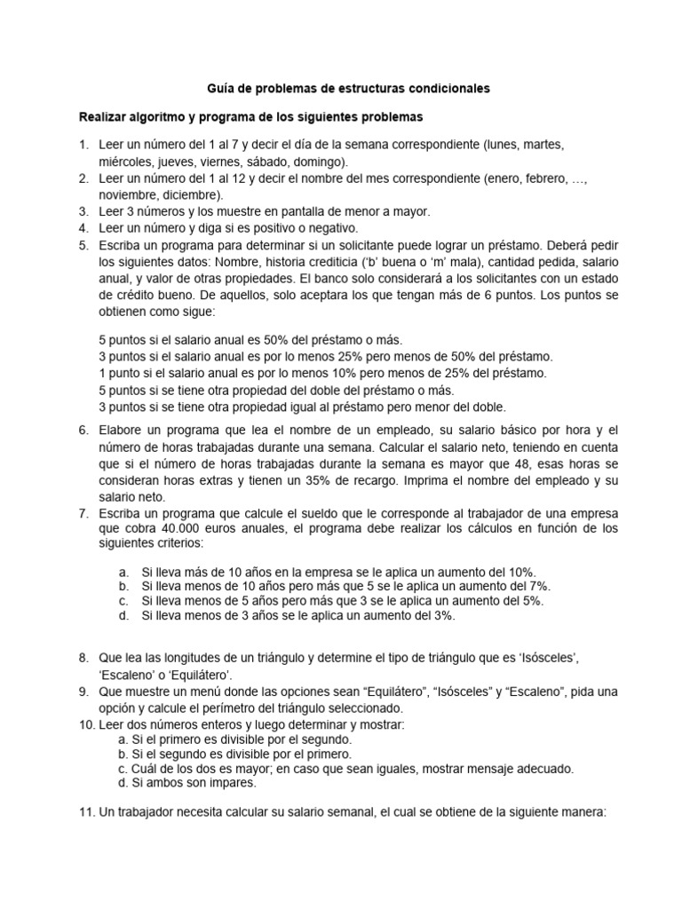 Guía de Problemas de Estructuras Condicionales | PDF | Triángulo | Salario