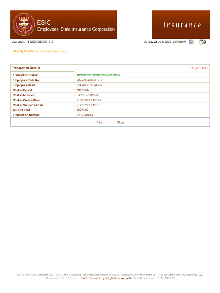 ESIC Online Challan Transaction Details | PDF