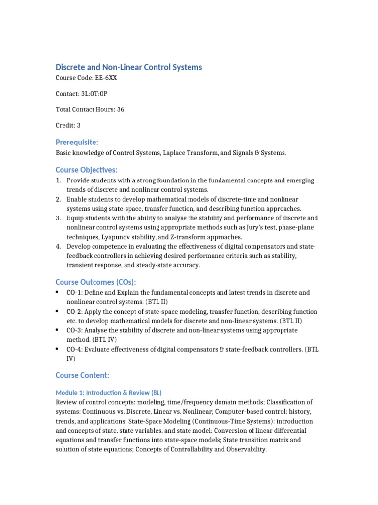 Discrete_and_Nonlinear_Control_Systems_Syllabus | PDF | Control Theory | Nonlinear System