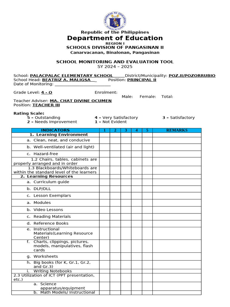School Monitoring Tool for SY 2024-2025 | PDF | Teachers | Human ...