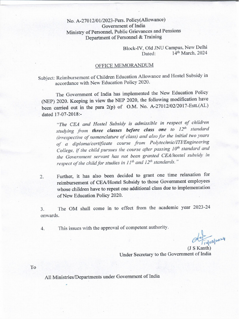 CEA and Hostel Subsidy DoPT Om Dated 14.3.2024 | PDF
