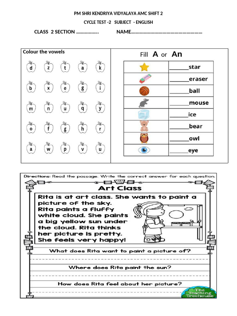 English Class 2 Cycle Test 2 | PDF