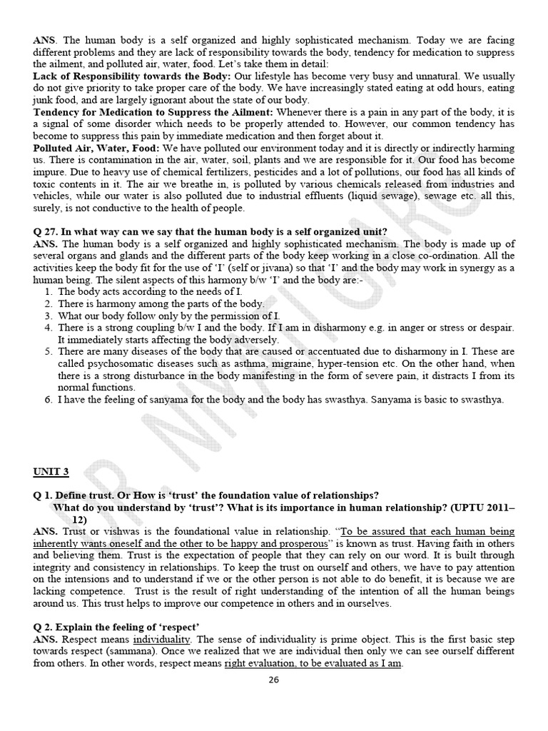 Uhv Question Bank Unit - III | PDF | Love | Feeling