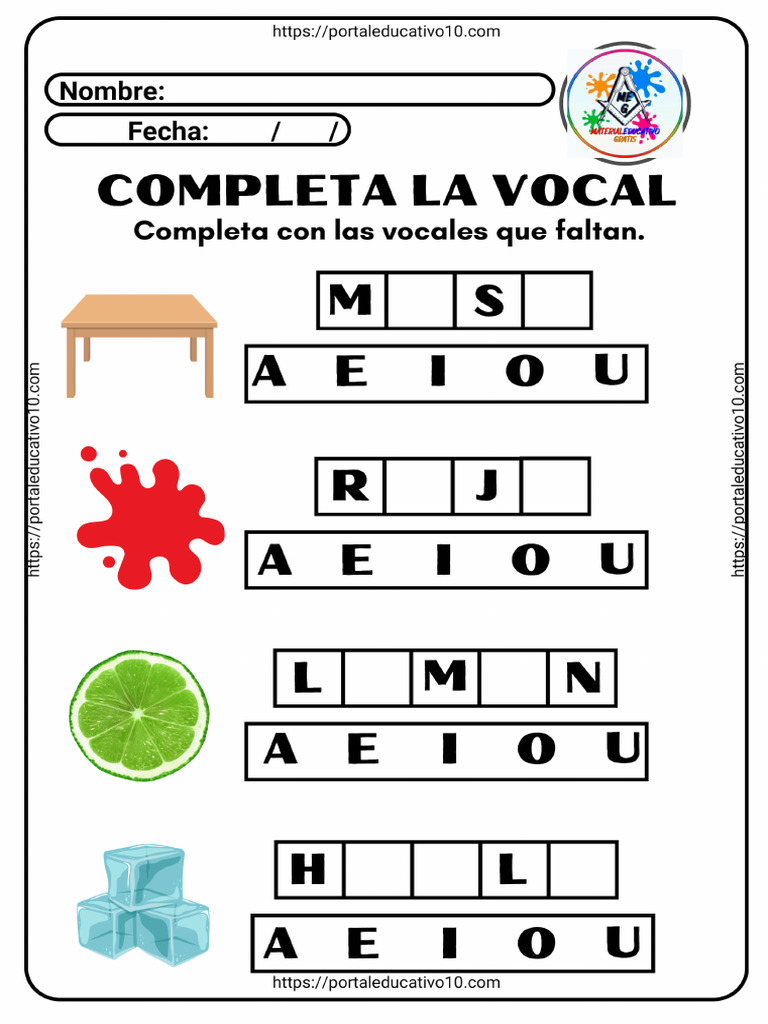 Completa Con Las Vocales Faltantes Portaleducativo10 (1) - Removed | PDF