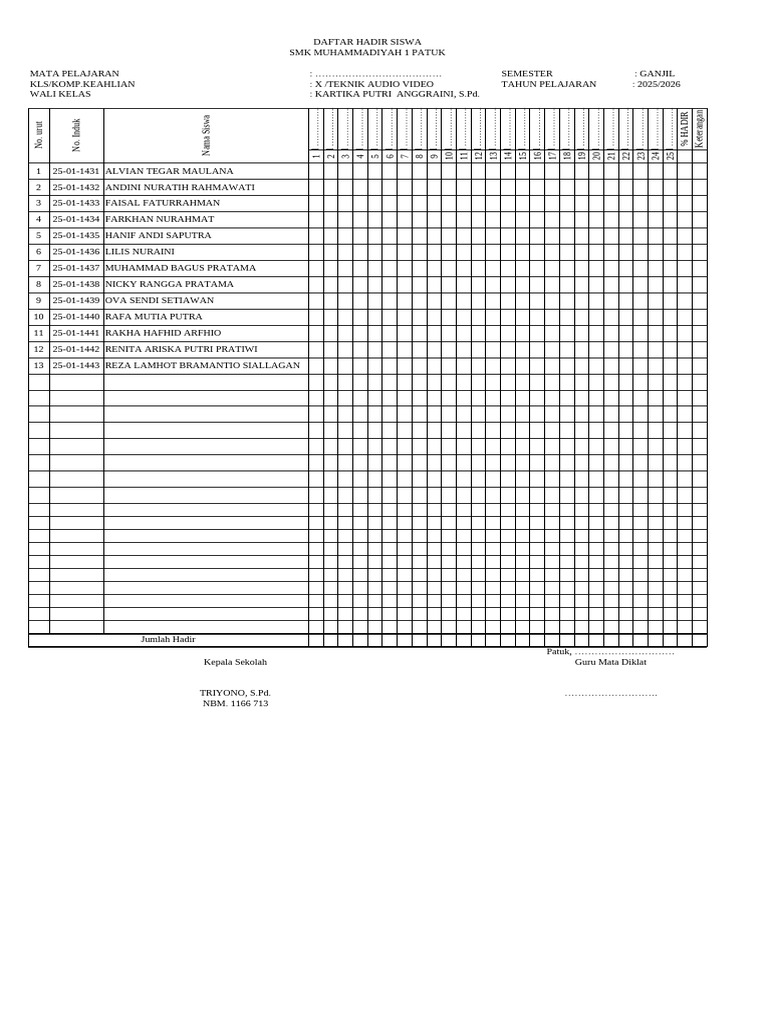 Absen Siswa 20252026 | PDF
