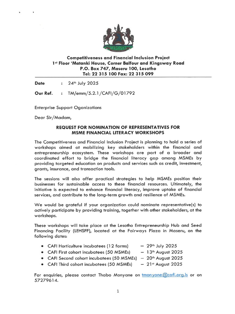 Financial Literacy Workshops - Invitation by CAFI | PDF