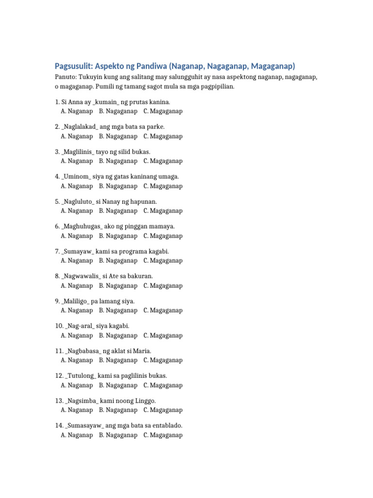 Pagsusulit Aspekto NG Pandiwa | PDF