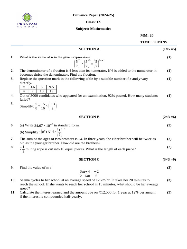 Class IX Mathematics Entrance Paper 2024-25 | PDF | Mathematics | Chess