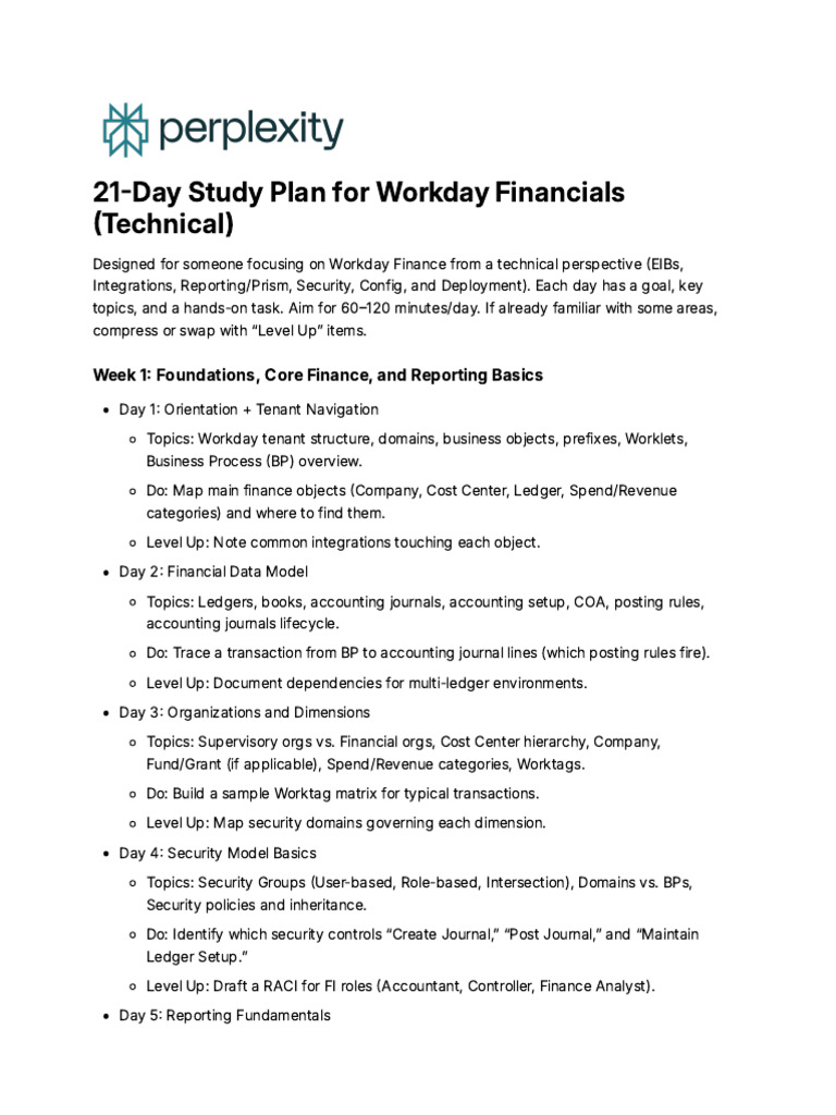21-Day Technical Study Plan for Workday Finance | PDF | Taxes | Computing