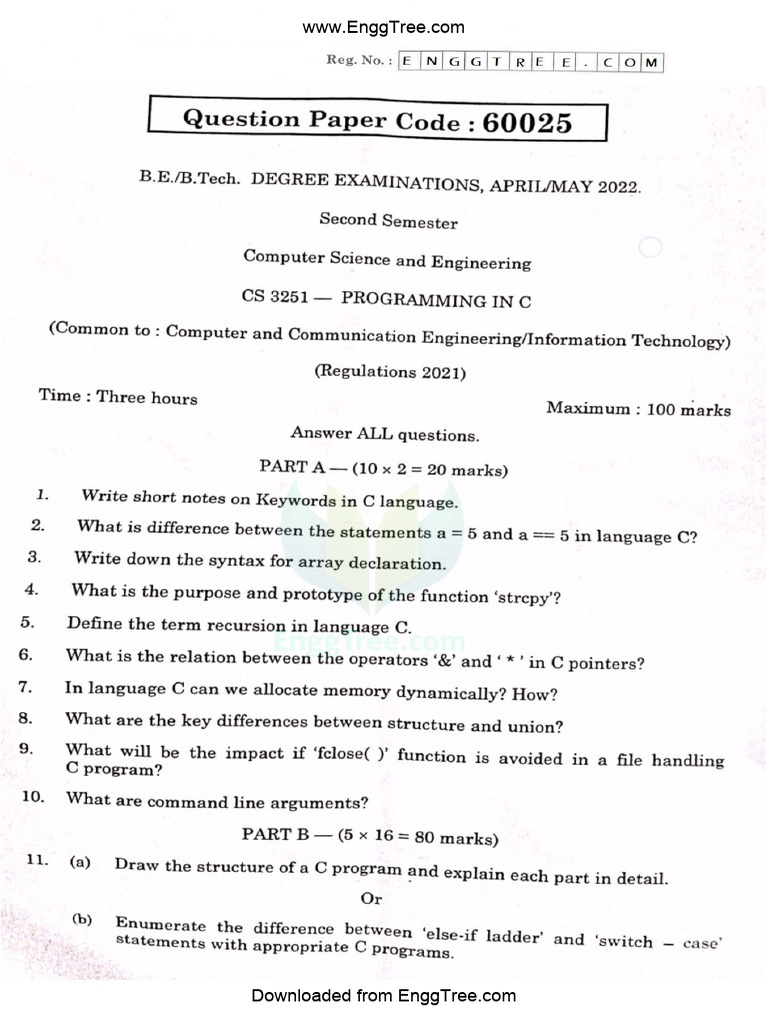 CS3251 Programming in C Apr May 2022 Question Paper Download | PDF