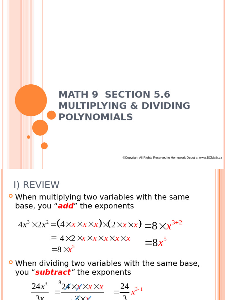 5.6 Multiplying & Dividing Polynomials by Monomials | PDF | Polynomial ...