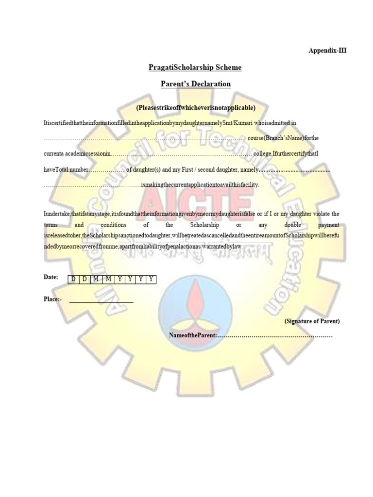 Parent Declaration for Pragati Scholarship | PDF