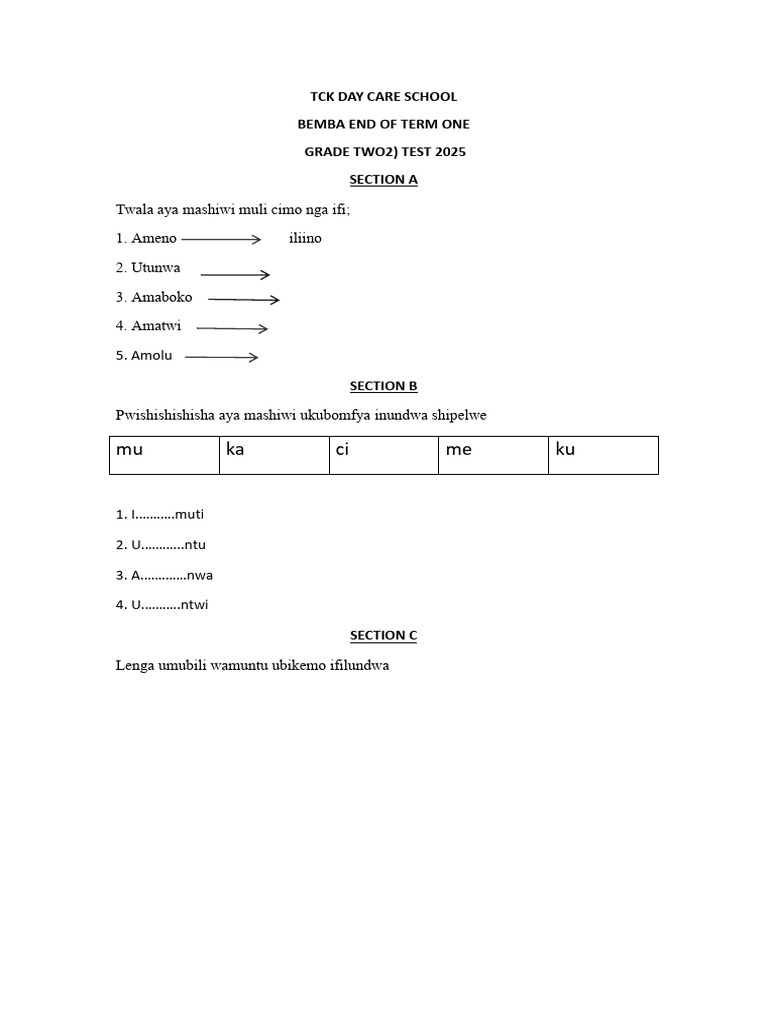 Grade 2 Bemba Test 2025 | PDF