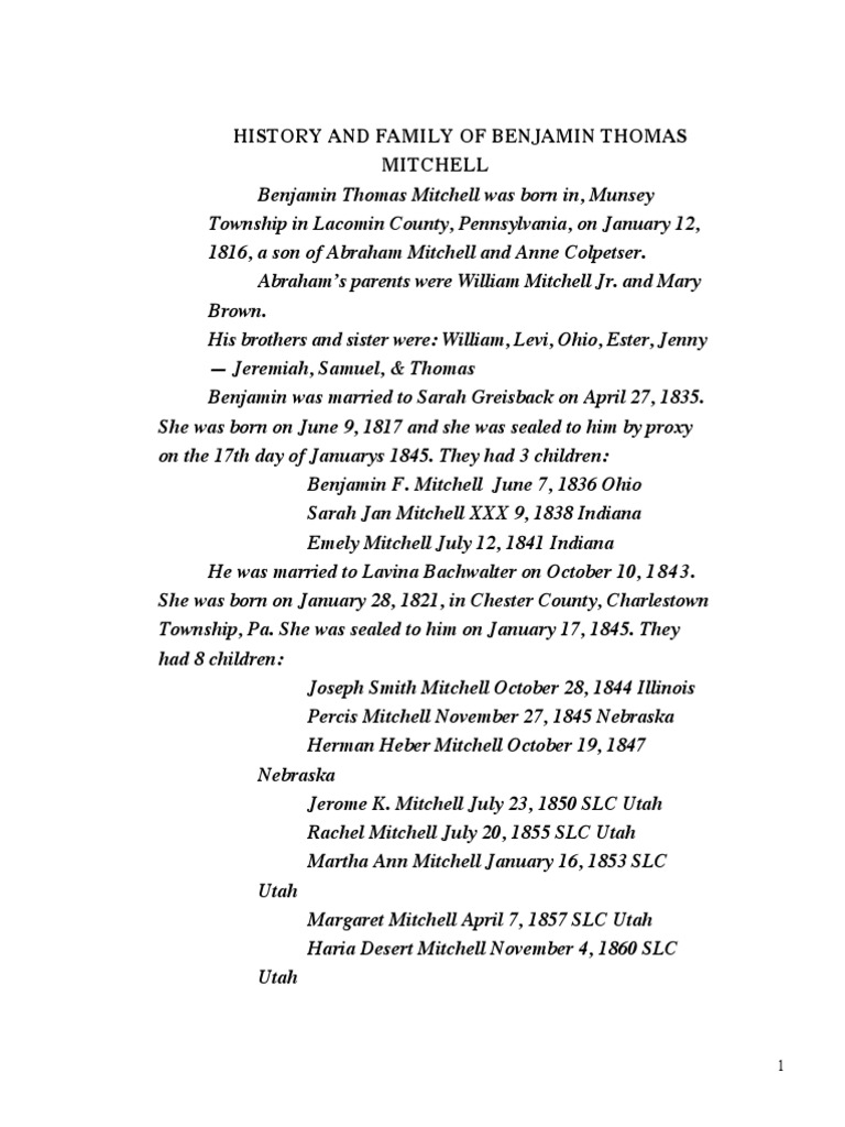 History and Family of Benjamin Thomas Trotter Mitchell | PDF | Brigham ...