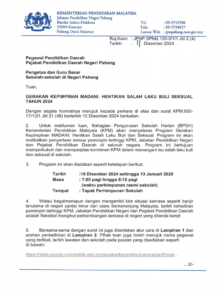 Surat Gerakan Kepimpinan Madani PPD Dan Sekolah | PDF