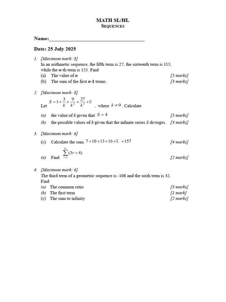 DP1 WS1. Sequences 25 July 2025 | PDF | Sequence | Arithmetic