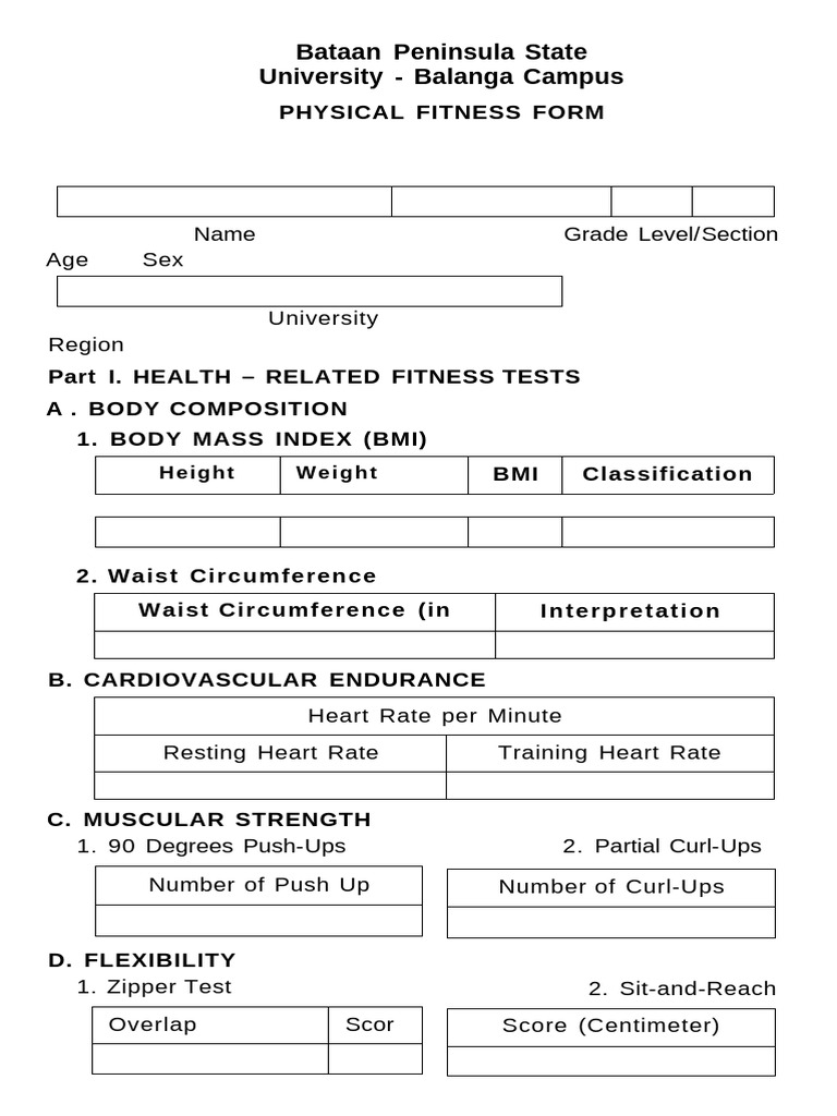 Bataan Peninsula Fitness Assessment Form | PDF