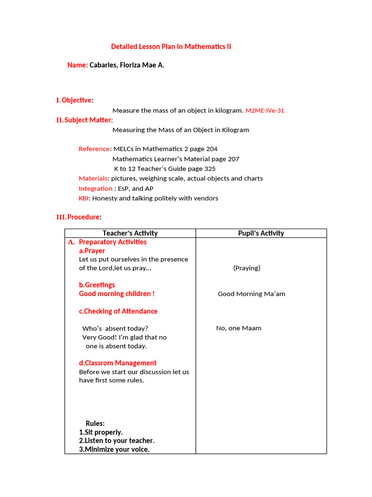 Measuring Mass in Kilograms Lesson Plan | PDF | Weight | Weighing Scale
