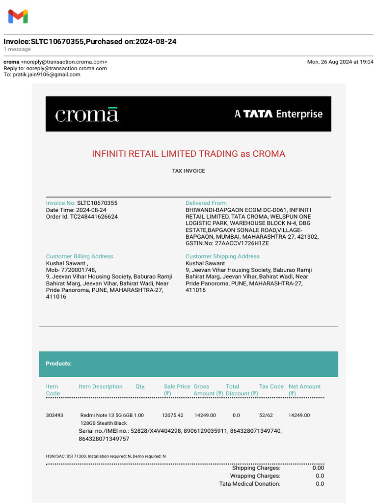 Gmail - Invoice - SLTC10670355, Purchased On - 2024!08!24 | PDF | Sales ...