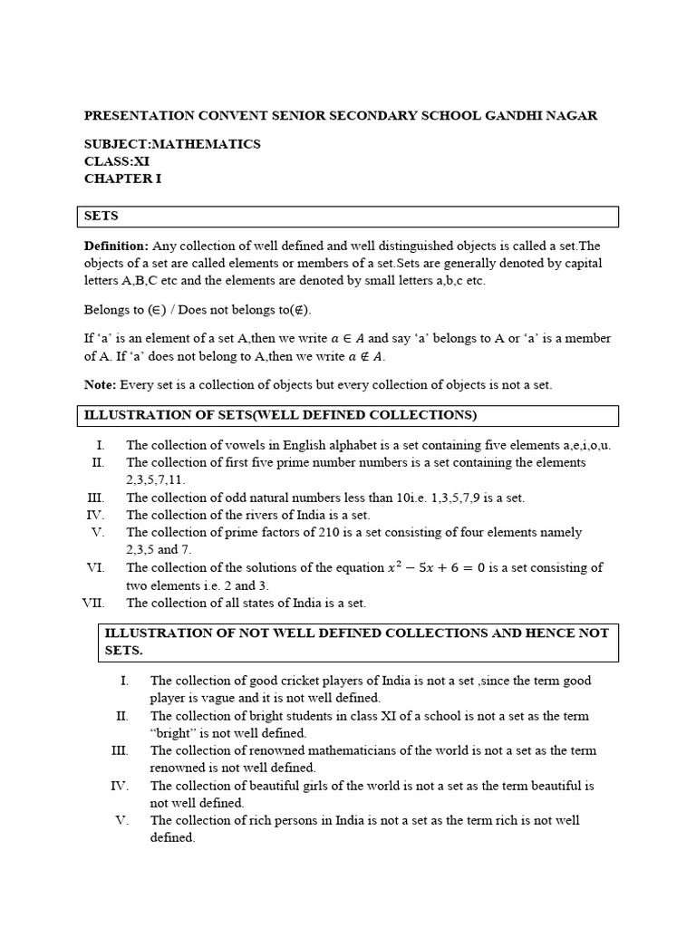 Mathematics Class XI Notes of Chapter 1 Sets | PDF | Bracket | Real Number